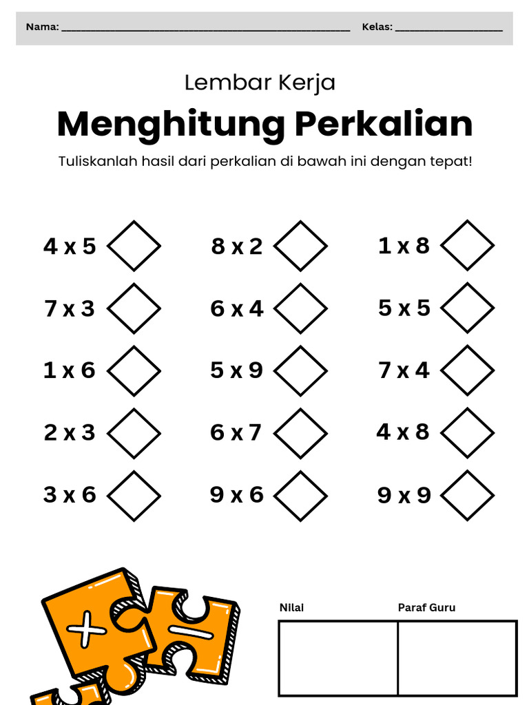 Menghitung Perkalian Worksheet Hitam Dan Putih Dan Oren Gaya Ilustratif ...