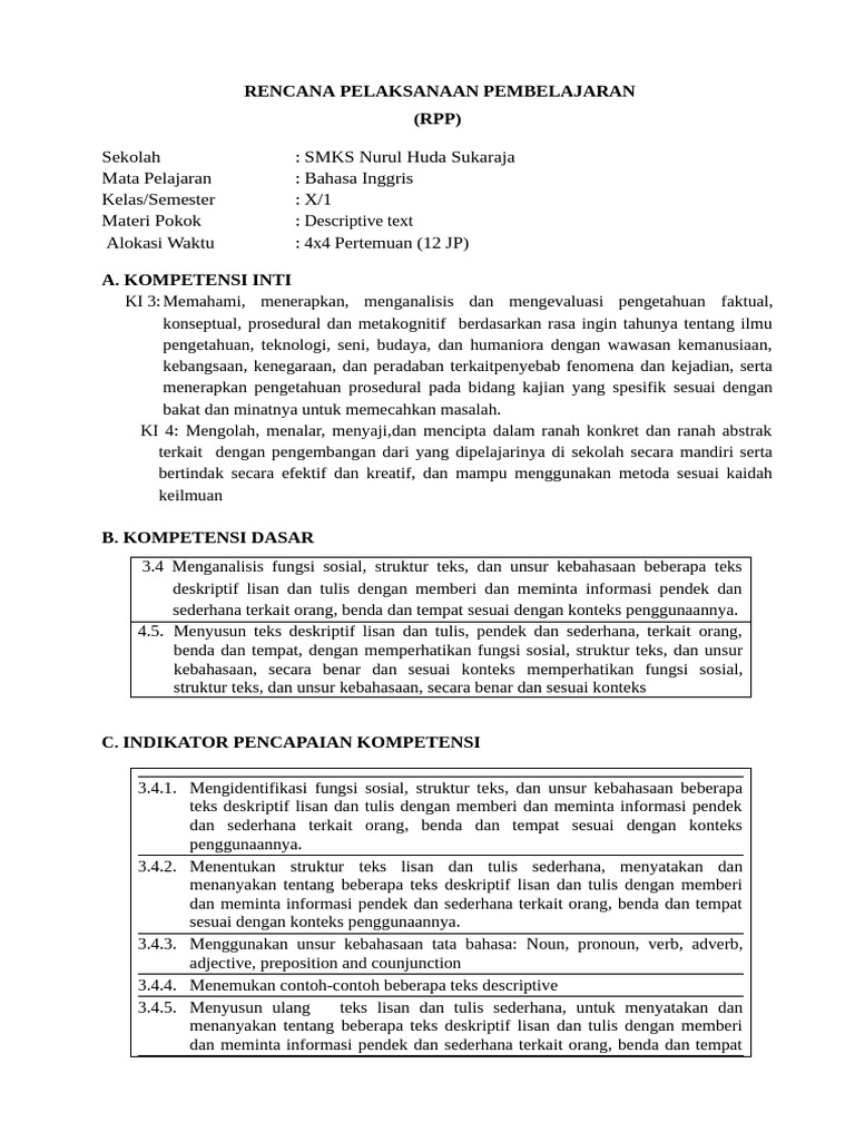 RPP Bahasa Inggris: Teks Deskriptif Kelas X | PDF