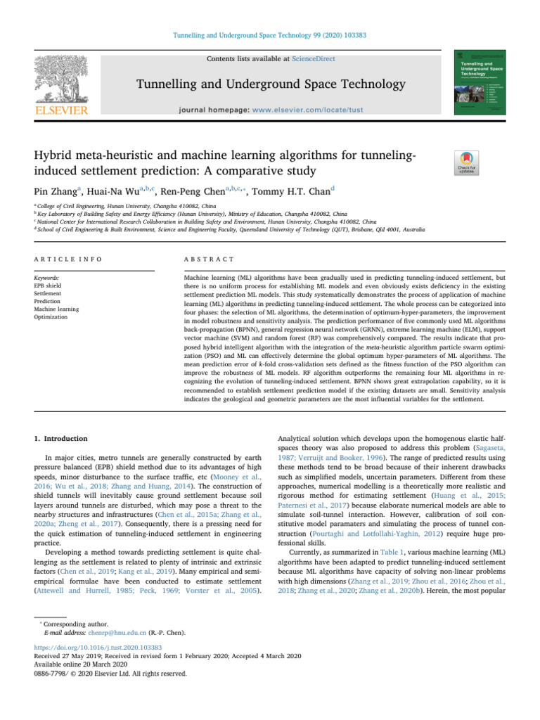 83 Hybrid Meta-Heuristic and Machine Learning Algorithms For Tunneling Induced Settlement ...