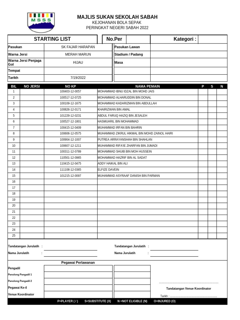Borang Starting List | PDF