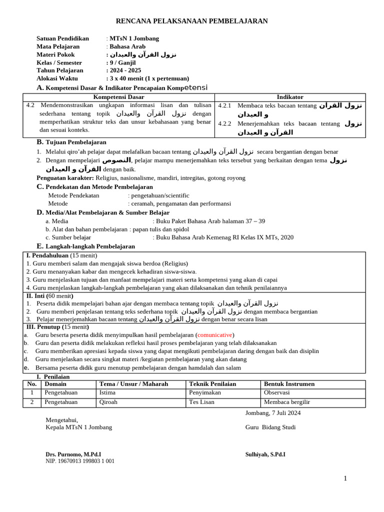 RPP Bahasa Arab Kelas 9 | PDF | Karier & Perkembangan