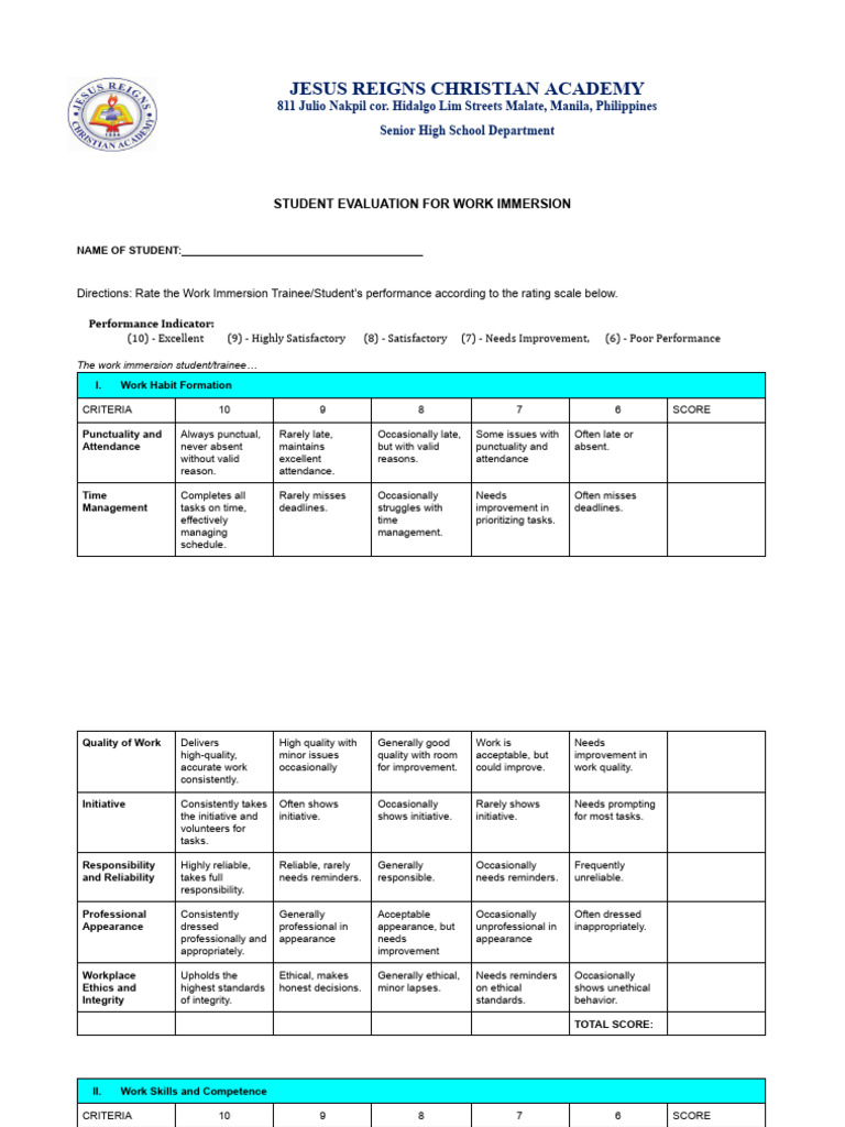 Work Immersion Student Evaluation Criteria | PDF | Psychology | Cognition