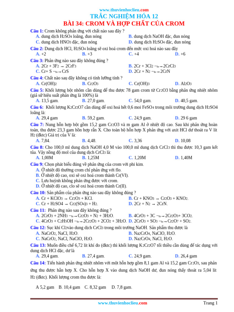 Hoa 12 Bai 34 Crom Va Hop Chat Cua Crom | PDF
