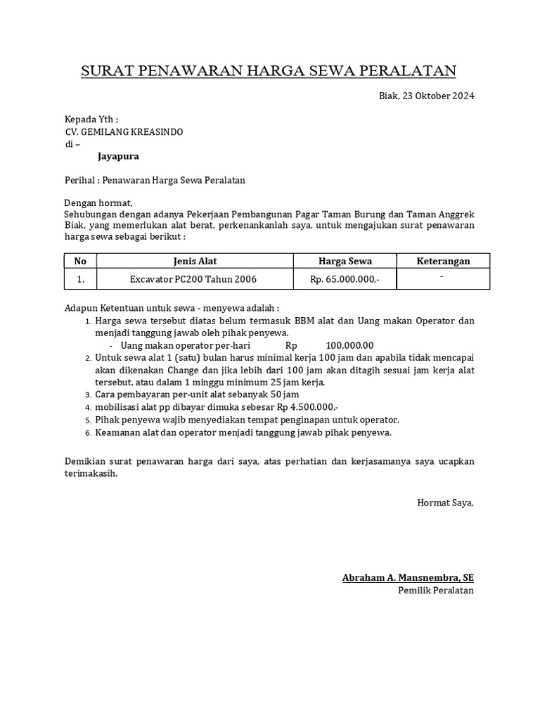 Surat Penawaran Harga Sewa Exca | PDF