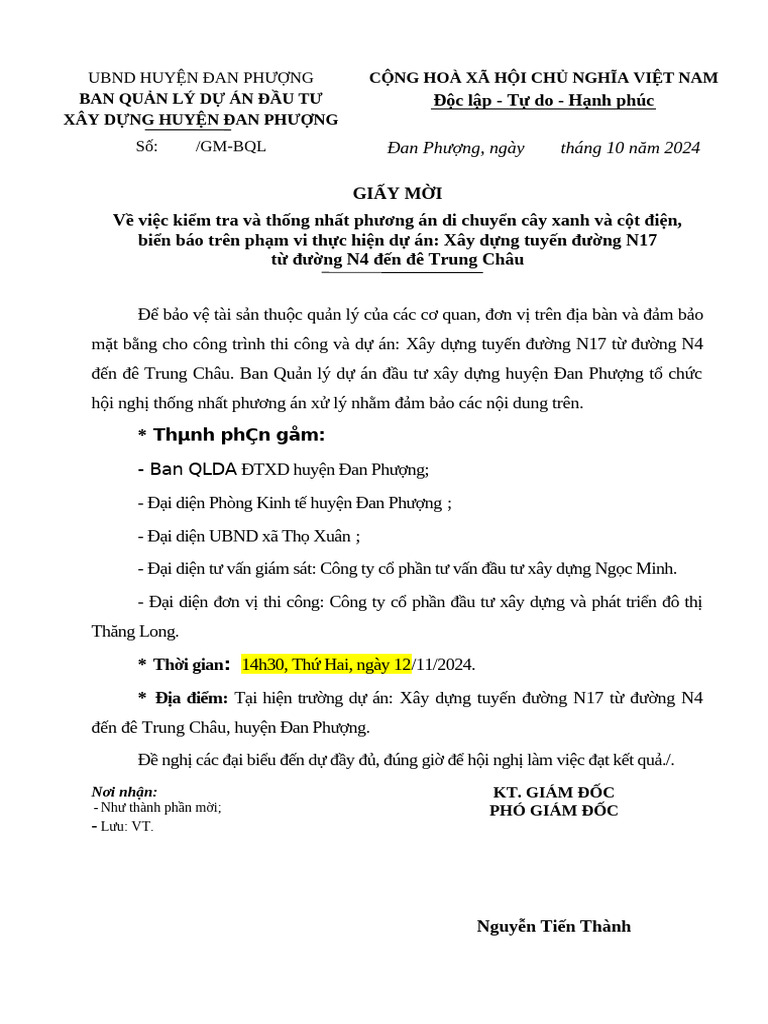 giấy mời kinh tế làm việc cây xanh GPMB N17 | PDF
