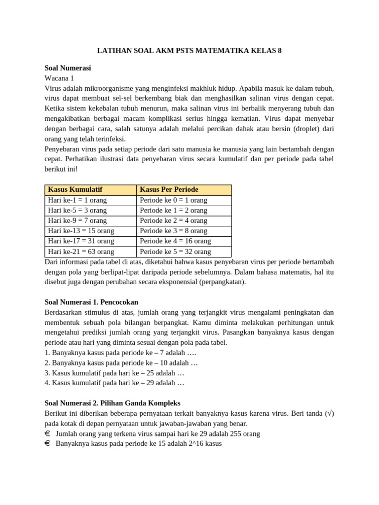 Latihan Soal Akm PSTS Matematika Kelas 8 Semester 1 2024 | PDF