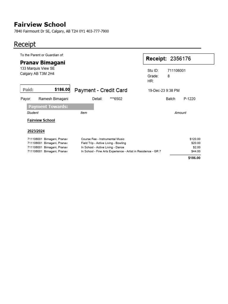 Fairview School Payment Receipt 2023 | PDF
