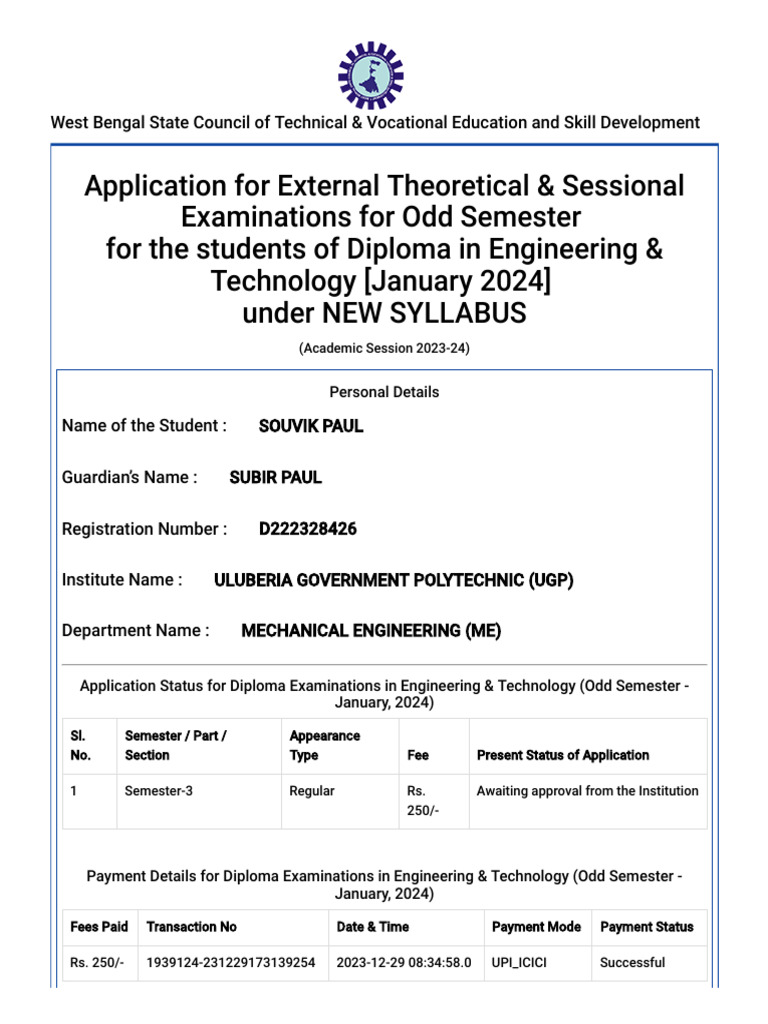 Examination Form Fillup 3sem | PDF