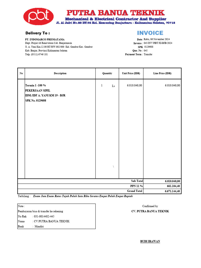 Invoice Proyek PT. Indomarco 2024 | PDF