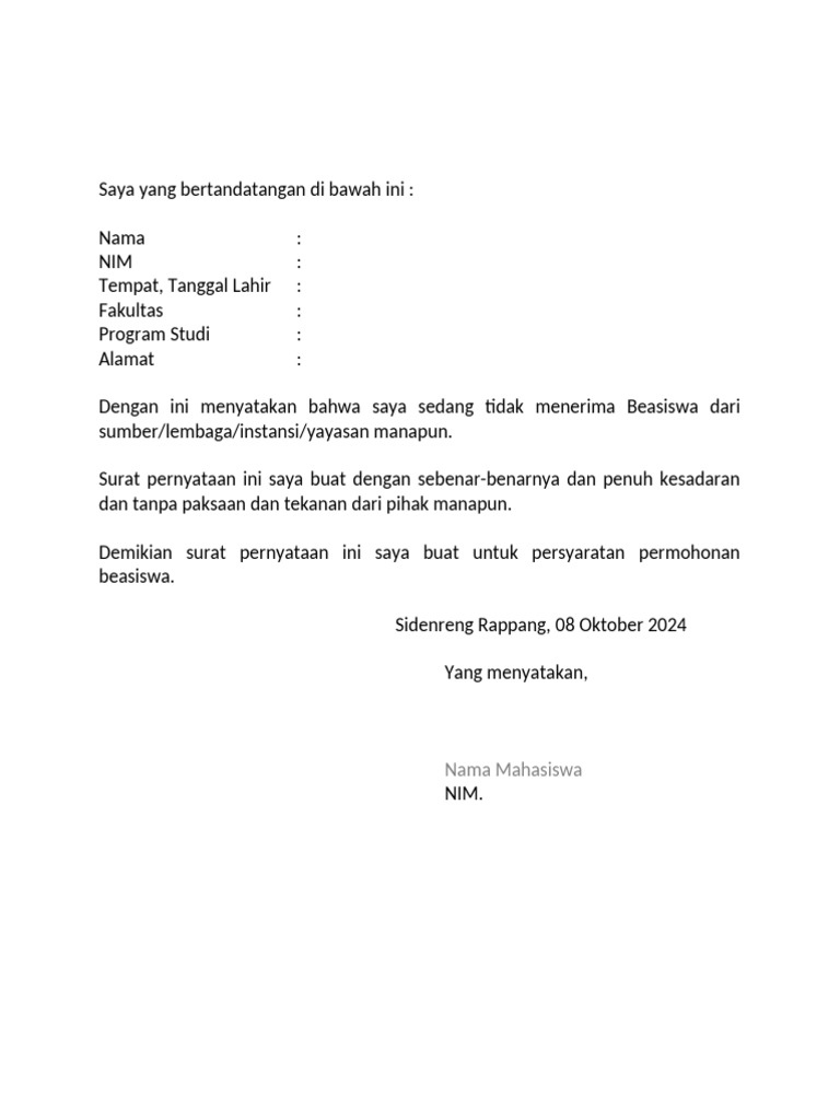 Surat Pernyataan Mahasiswa Penerima KIP Kuliah | PDF