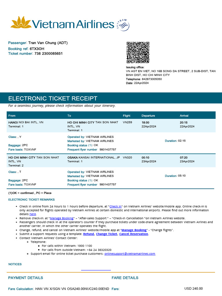 Electronic Ticket-EMD Receipt 22APR For VAN CHUNG TRAN | PDF