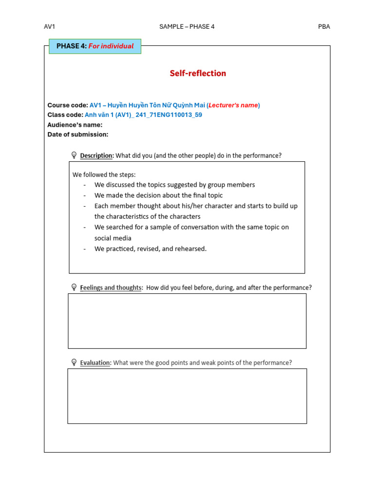 Anh Văn 1 - Sample PBA Manual - PHASE 4 - Self-Reflection | PDF | Career & Growth