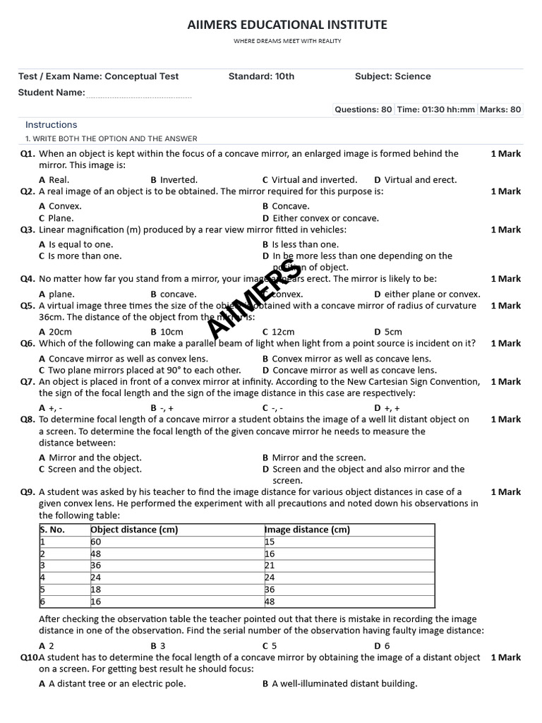 Class 10 Cbse Physics Light MCQ | PDF | Mirror | Optics