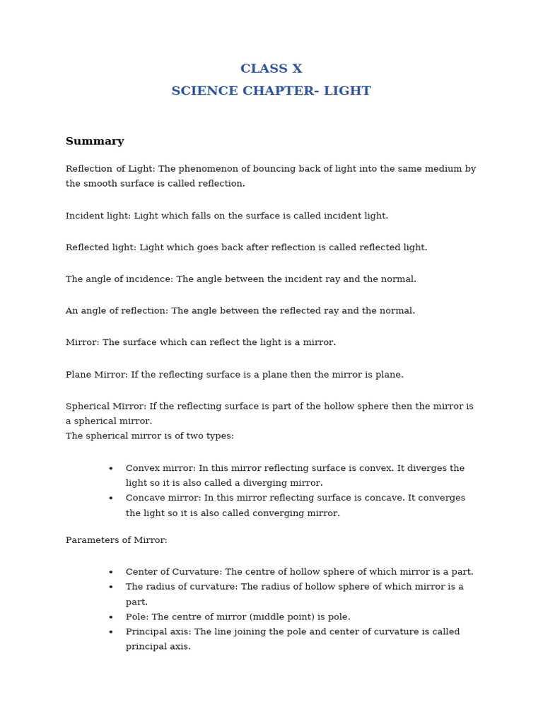 CLASS X Science Chapter Light | PDF | Mirror | Optics