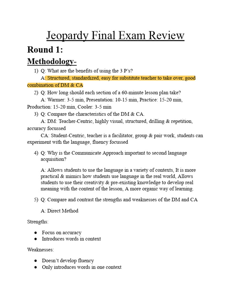 Jeopardy Final Exam Review | PDF | Reading Comprehension | Learning