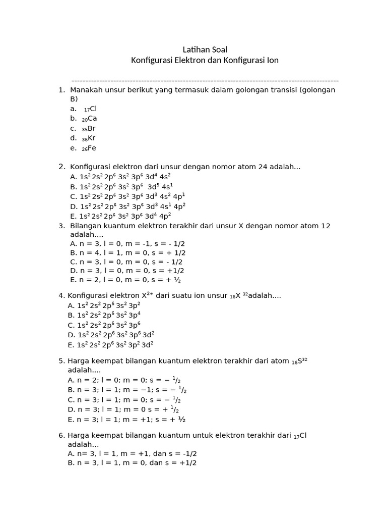 Latihan Soal Konfigurasi Elektron | PDF | Sains & Matematika