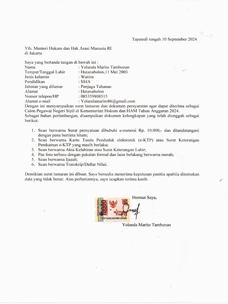 Surat Lamaran Yola | PDF