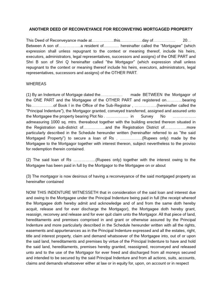 Another Deed of Reconveyance For Reconveying Mortgaged Property | PDF ...