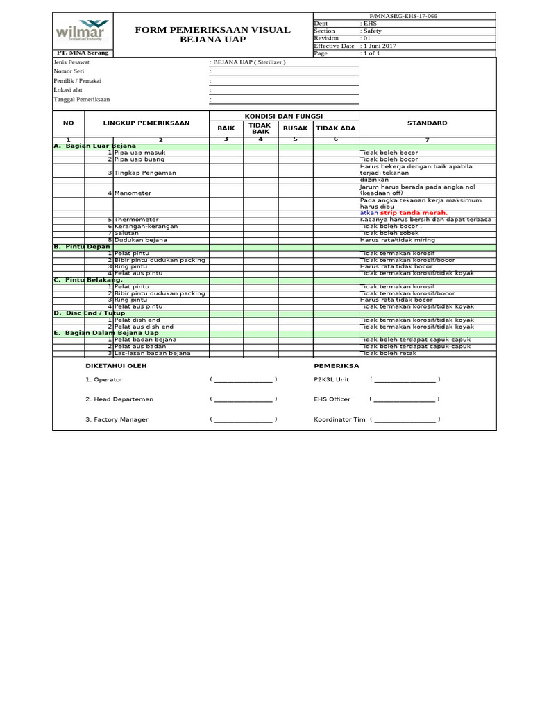F-MNASRG-EHS-17-066 - Form Pemeriksaan Visual Bejana Uap | PDF