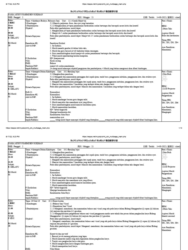 RPH Bahasa Melayu Tahun 3 | PDF