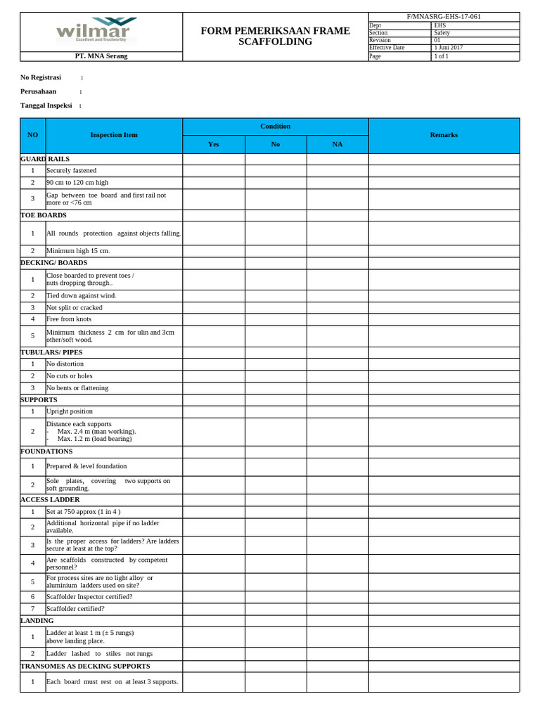 FMNASRG-EHS-17-061 - Inspeksi Frame Scaffolding | PDF