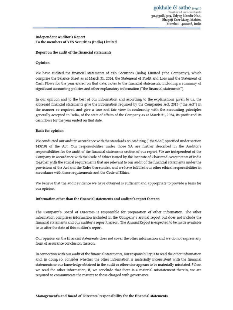 Financial Statements of Yes Securities India Limited23 24 | PDF | Audit ...