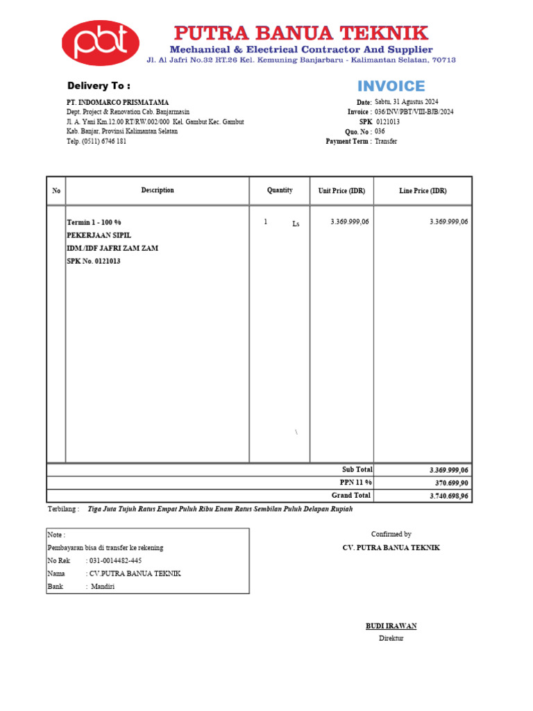 Contoh Invoice Termin 1 PT. Indomarco | PDF