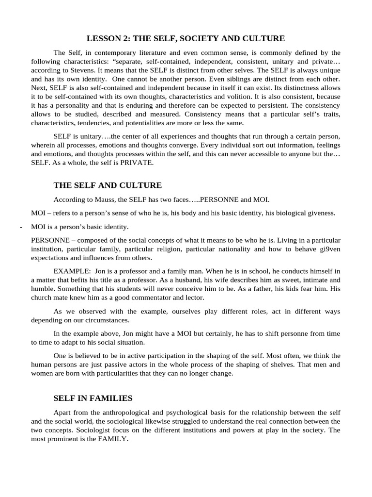 Lesson 2-The Self, Society and Culture | PDF | Self | Identity (Social ...