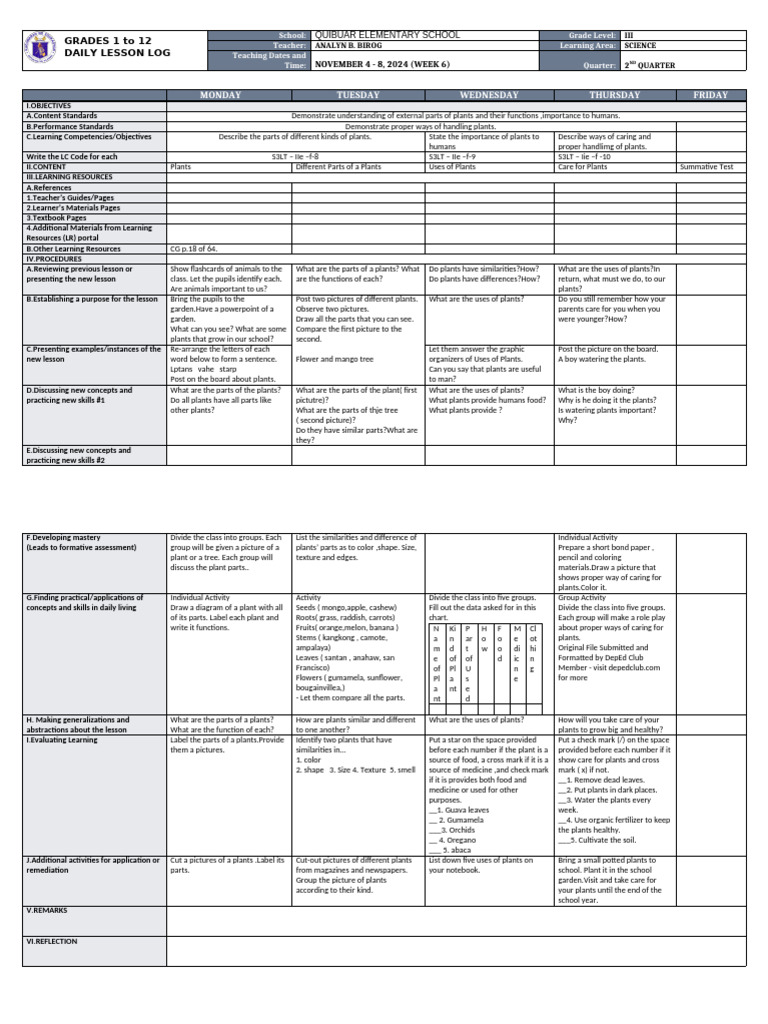 DLL - Science 3 - Q2 - W6 | PDF | Learning