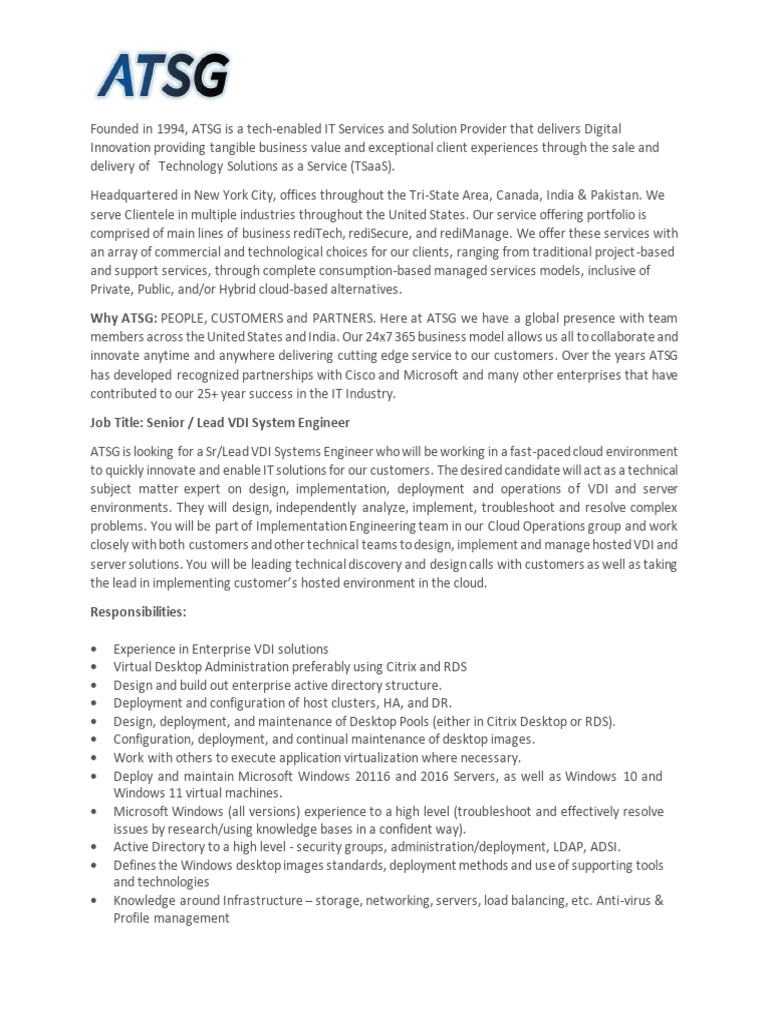 Senior VDI System Engineer at ATSG | PDF | Desktop Virtualization ...