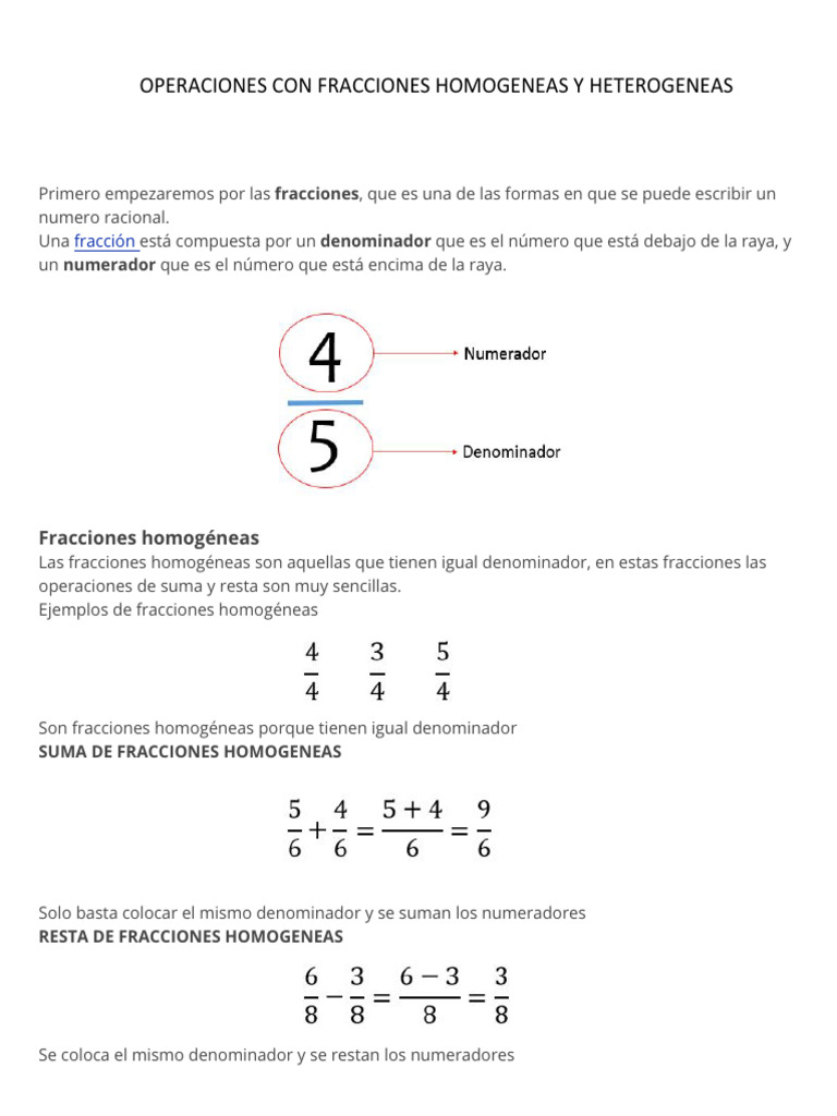 Operaciones Con Fracciones Homogeneas y Heterogeneas - Copia(1)(1) | PDF