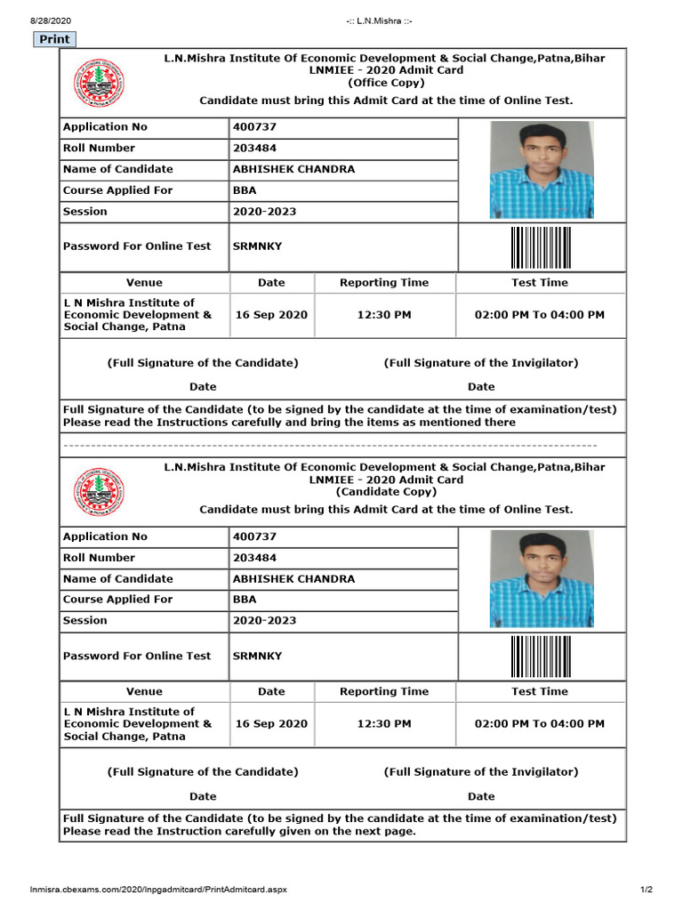 L.N.Mishra - Admit Card | PDF | Authentication