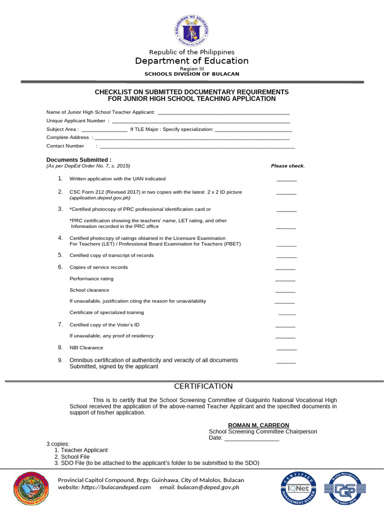 Checklist of Requirements For JHS Teaching Application | PDF