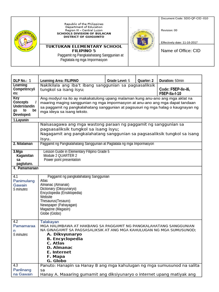 1st - COT - DLP - FILIPINO BY SIR ERICK - S.Y.2021-2022 | PDF