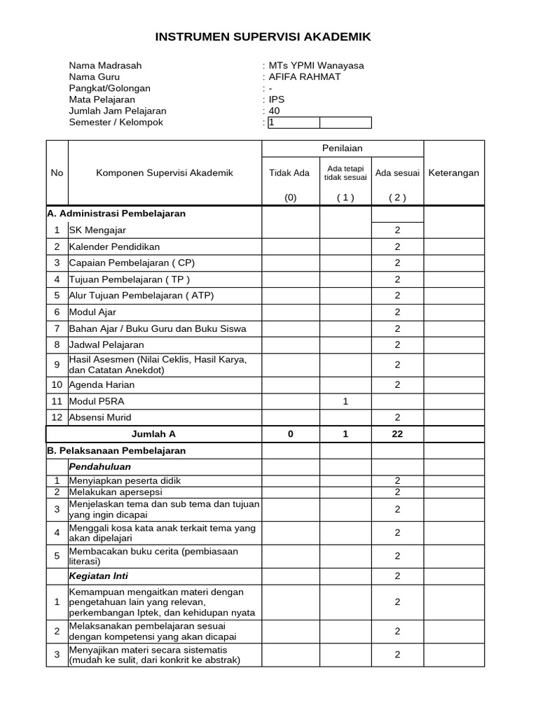 Contoh Instrumen Supervisi Adm Kurikulum Merdeka | PDF