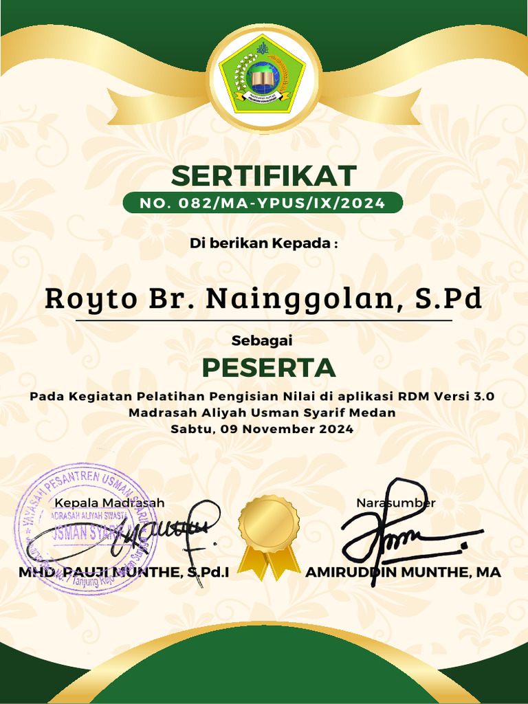 Sertifikat RDM MA Royto BR Nainggolan | PDF