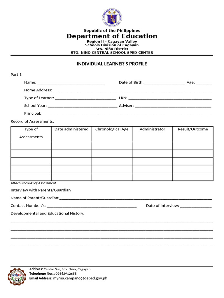 SPED Individual Learner's Profile Template | PDF | Individualized ...