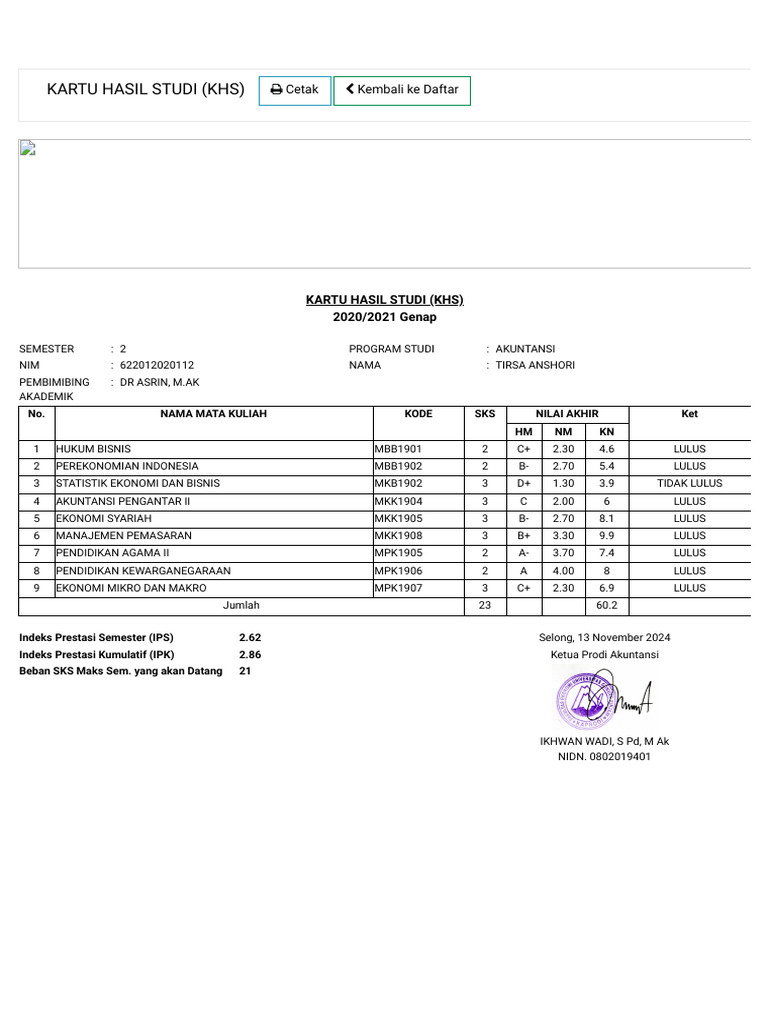 Kartu Hasil Studi (KHS) | PDF