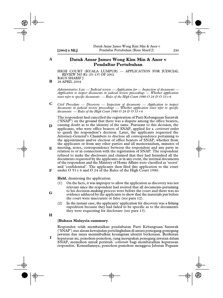 DATUK AMAR JAMES WONG KIM MIN & ANOR V PENDAFTAR PERTUBUHAN | PDF ...