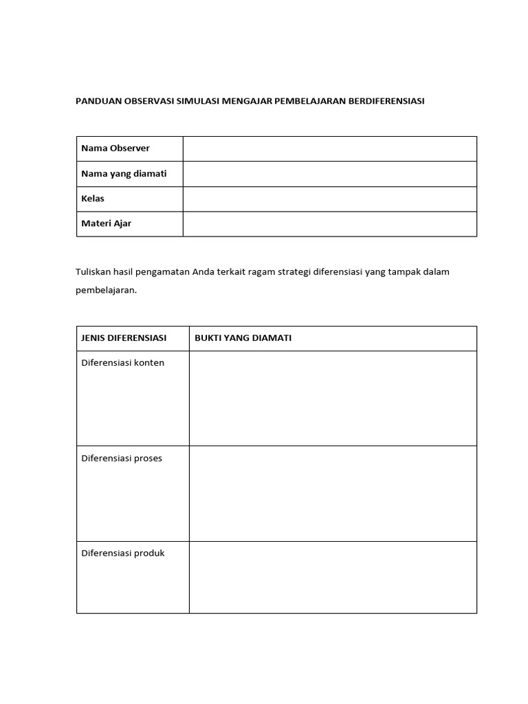 Panduan Observasi Pembelajaran Diferensiasi | PDF