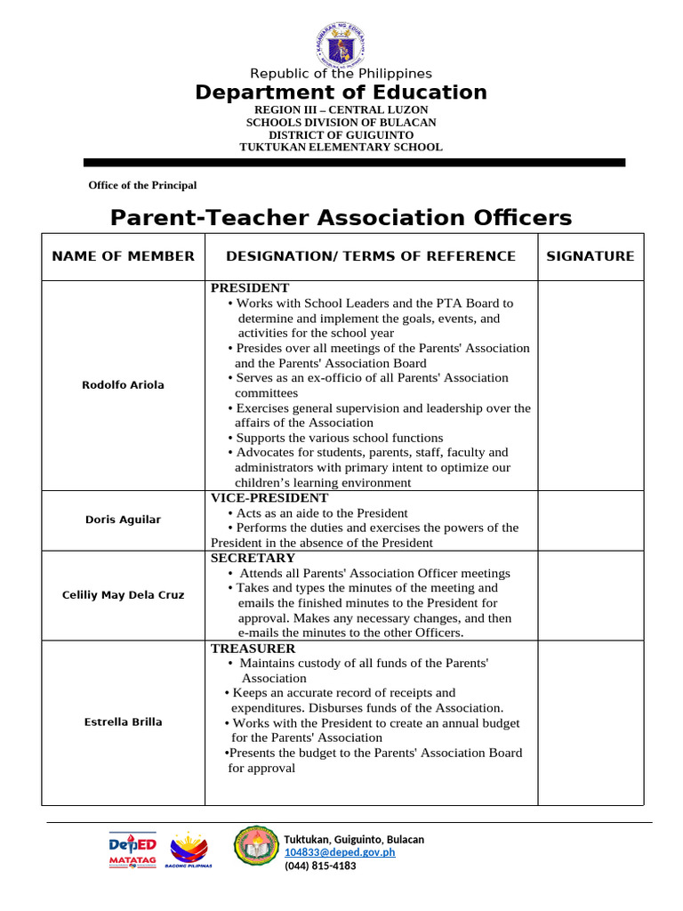Tuktukan Elementary School PTA Roles | PDF