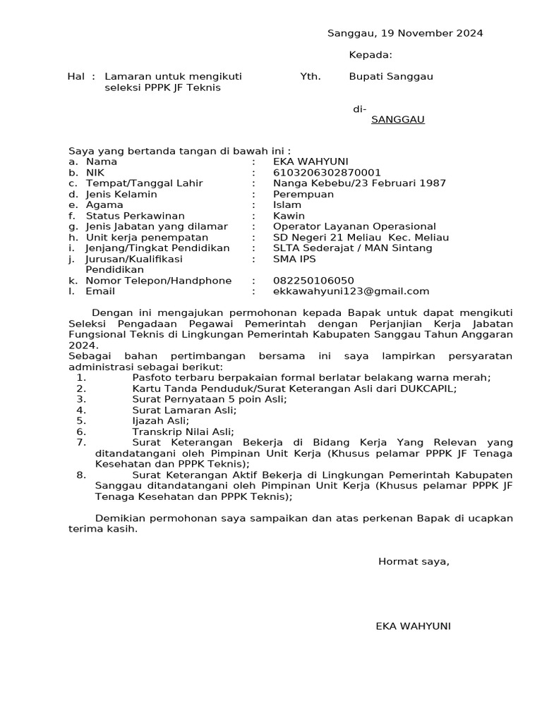 Surat Lamaran Eka Wahyuni | PDF