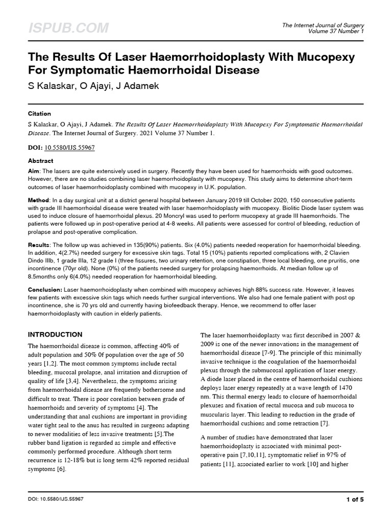 The Results of Laser Haemorrhoidoplasty With Mucopexy For Symptomatic ...