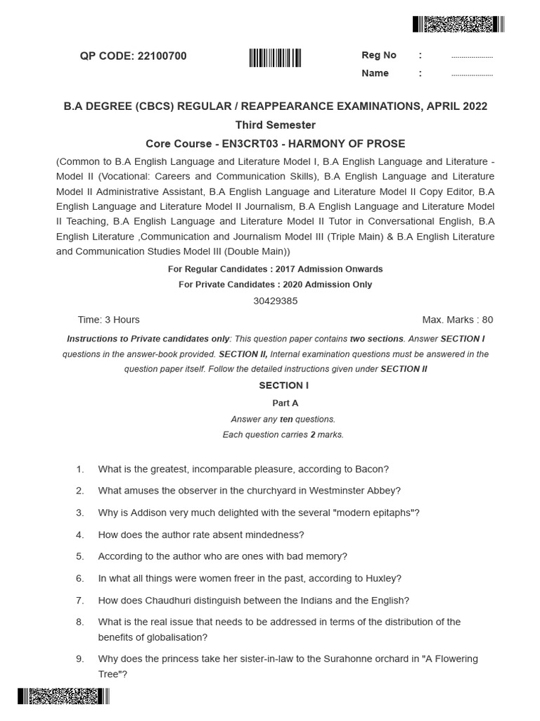 B.A. English Prose Exam Paper - April 2022 | PDF