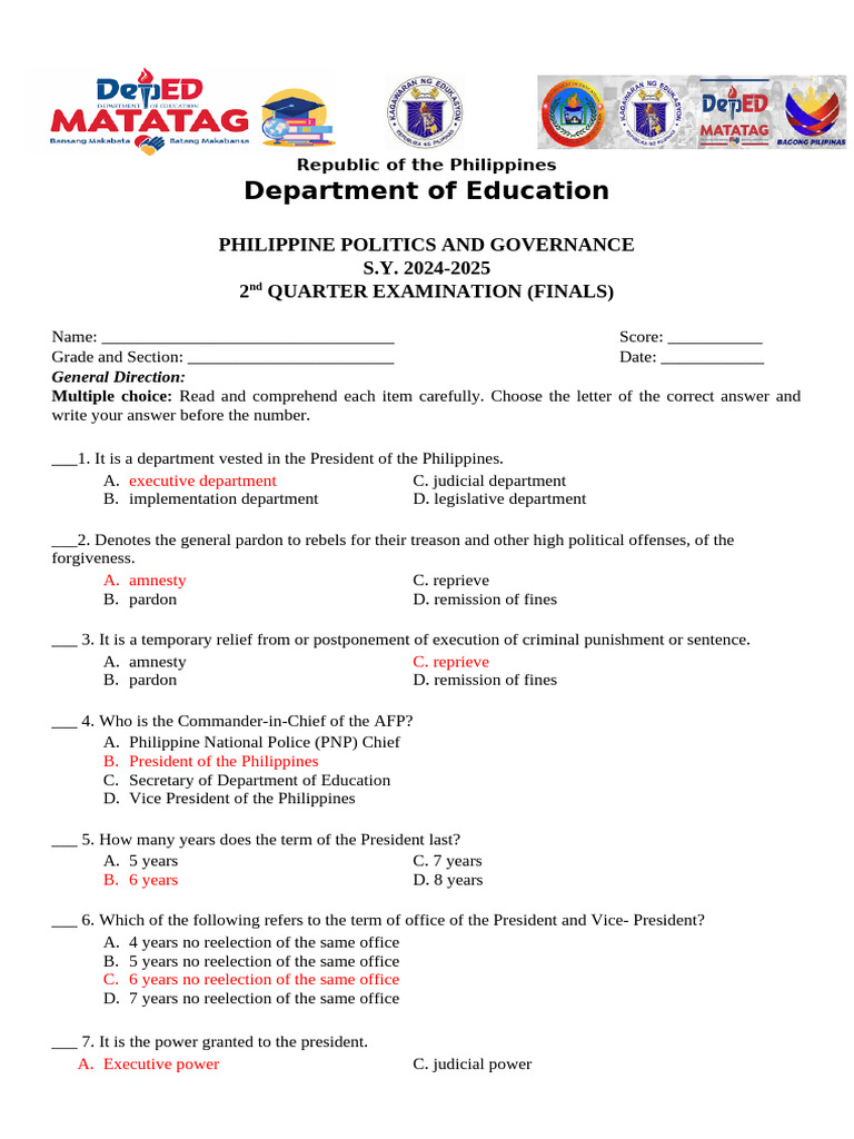 PPG - Final Exam With Answer Key & TOS | PDF | Voting | Pardon