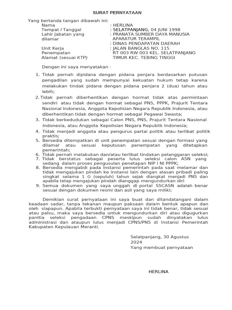 Contoh Surat Pernyataan | PDF