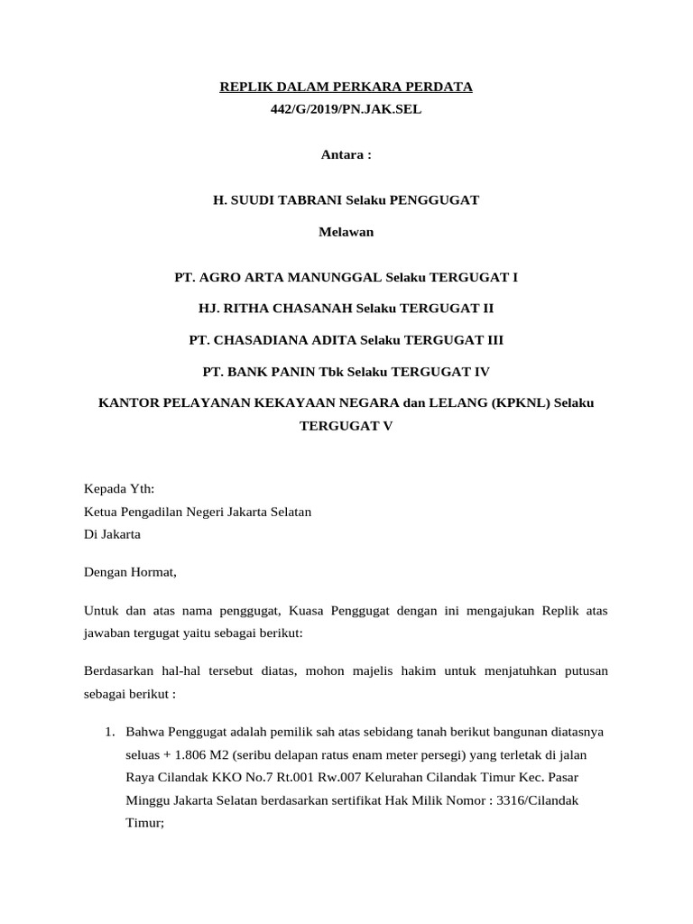 Replik Dan Duplik Tergugat Iv & V - Perdata | PDF
