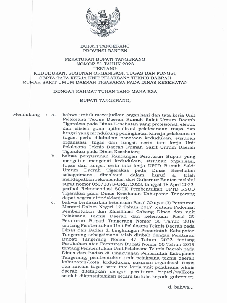 PERBUP No 51 TH 2023 TTG Kedudukan, Susunan Org, Tugas & Fungsi Serta Tata Kerja UPTD RSUD ...