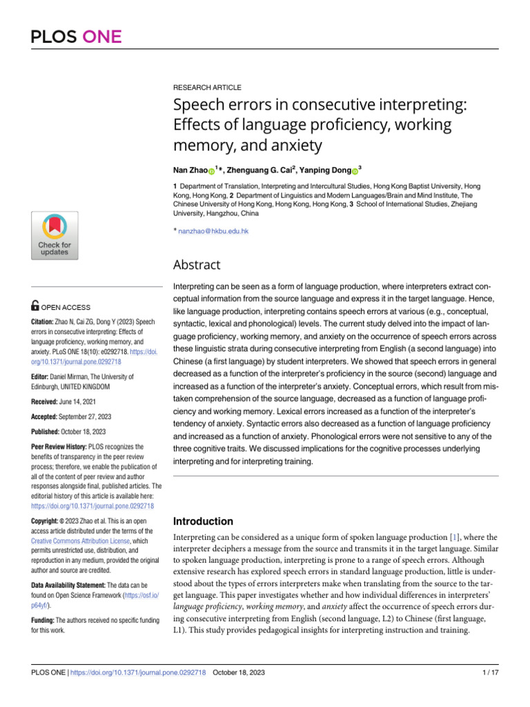 Speech Errors in Consecutive Interpreting: Effects of Language Proficiency, Working Memory, and ...