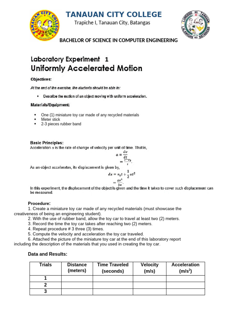 01 Laboratory Experiment 1 Uniformly Accelerated Motion | PDF | Acceleration